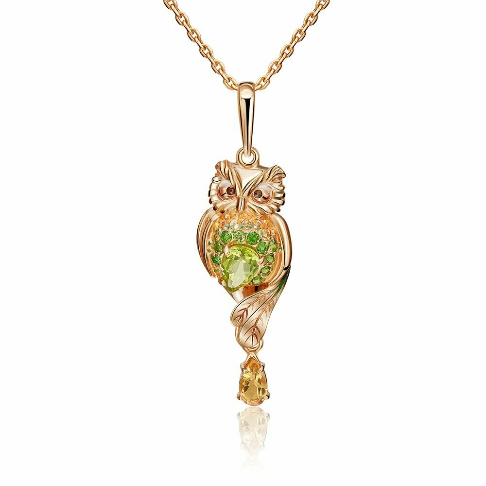 Подвеска, красное золото, 585 проба, хризолит, хромдиопсид, эмаль