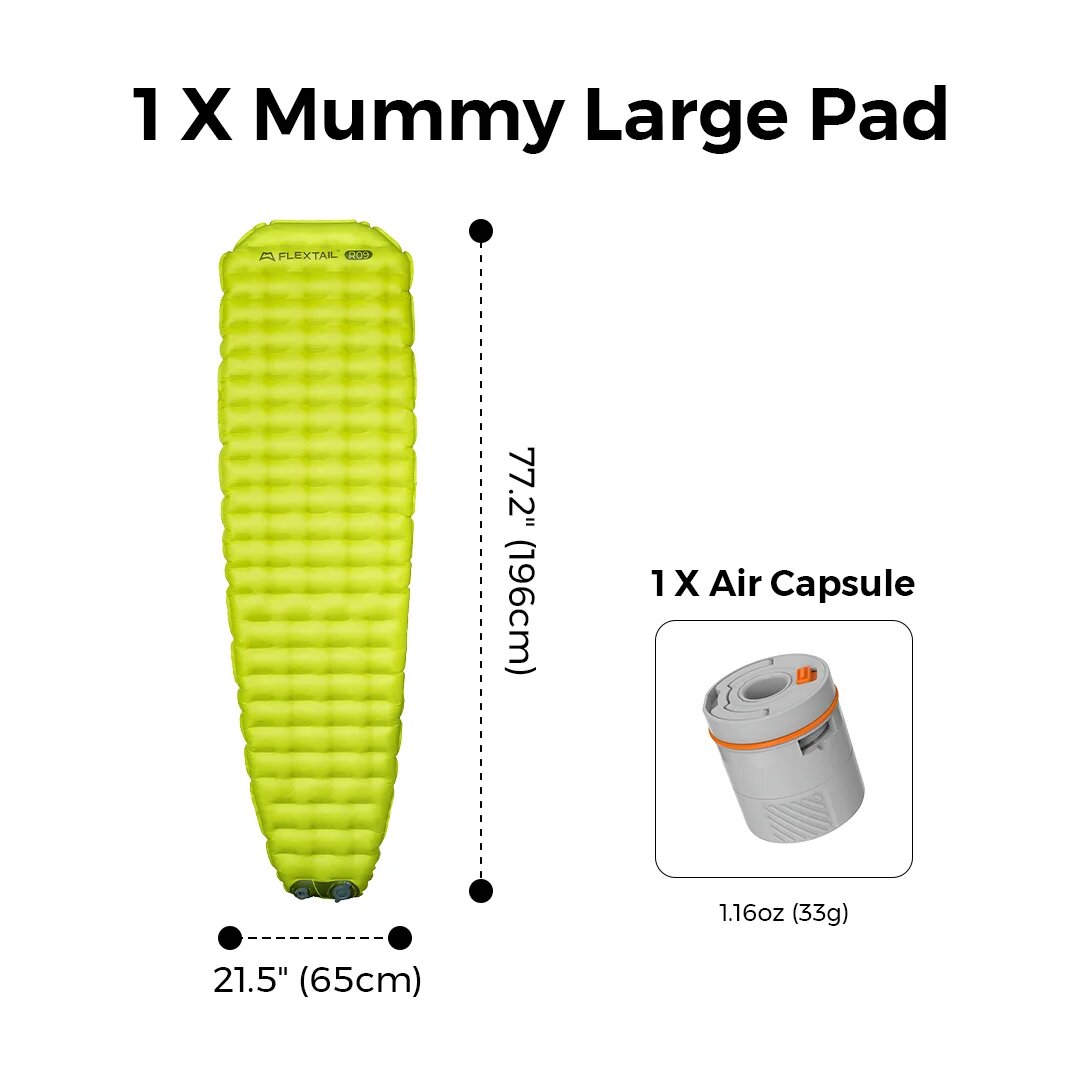 FLEXTAIL TINY SLEEPING PAD - Изолированная матрас для сна с встроенным насосом, автоматической надувкой/выдувкой, легким дизайном - R09 Mummy Large