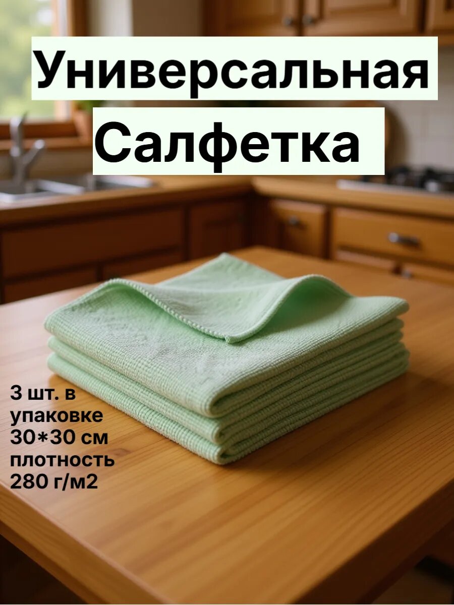 Салфетки для уборки из микрофибры 30х30 см, 3 шт, цвет зеленый