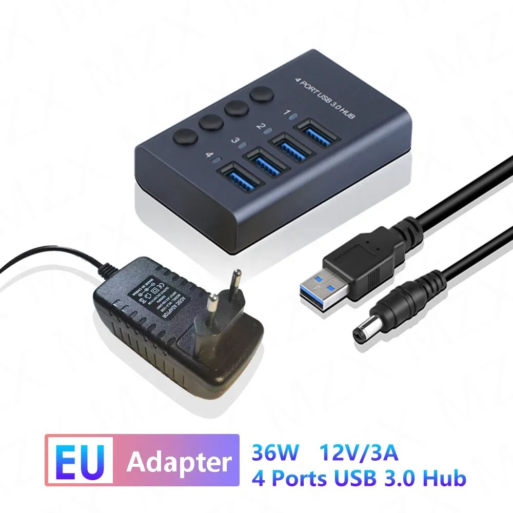USB 3.0 хаб на 4 порта с EU адаптером 36W