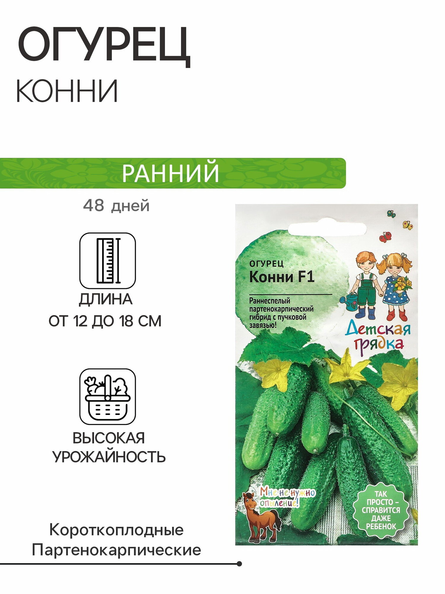Семена Огурец "Конни", "Детская грядка",10шт, сроки созревания: ранний