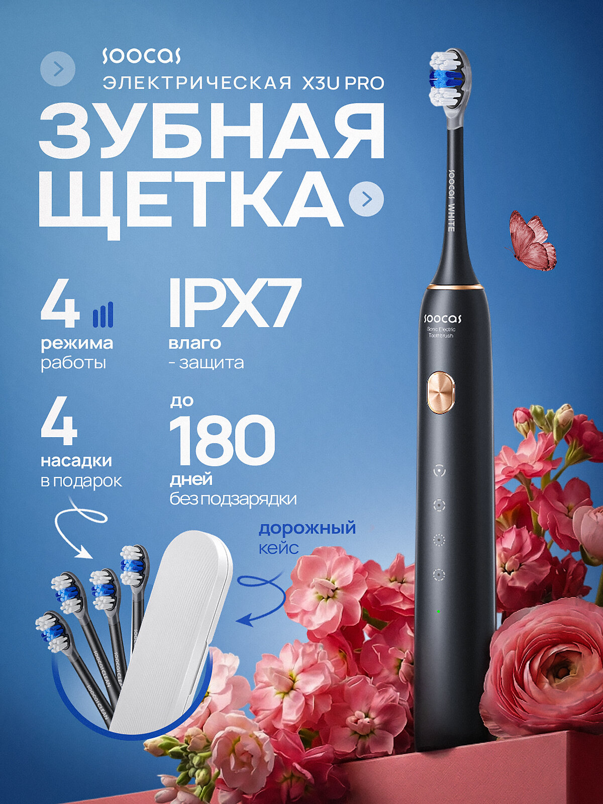 Электрическая зубная щетка Soocas X3U Pro (Ростест) четыре насадки, звуковая, черная