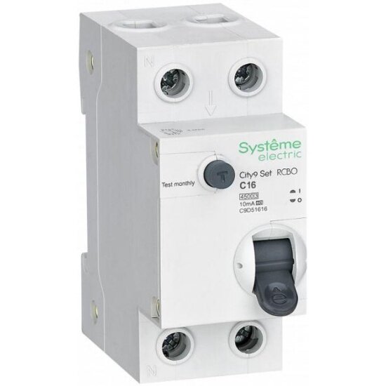 Дифференциальный автомат Systeme Electric (schneider Electric) 2п (1P+N) C 16А 10мА тип A 4.5кА City9 Set, 230В, C9D51616