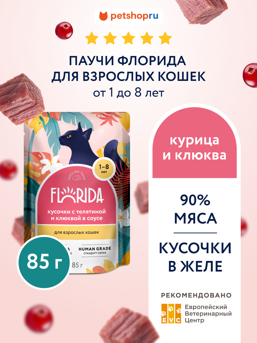 FLORIDA Паучи для кошек, влажный корм для взрослых кошек, кусочки с телятиной и клюквой в соусе, 1 шт, 85 г