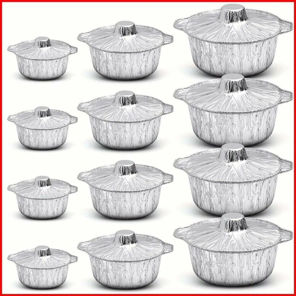 12 шт. одноразовые алюминиевые кастрюли с крышкой, круглые фольгированные формы, одноразовая посуда, контейнеры для еды отпуска, поездок, кемпинга, выпечки, нагрева и готовки