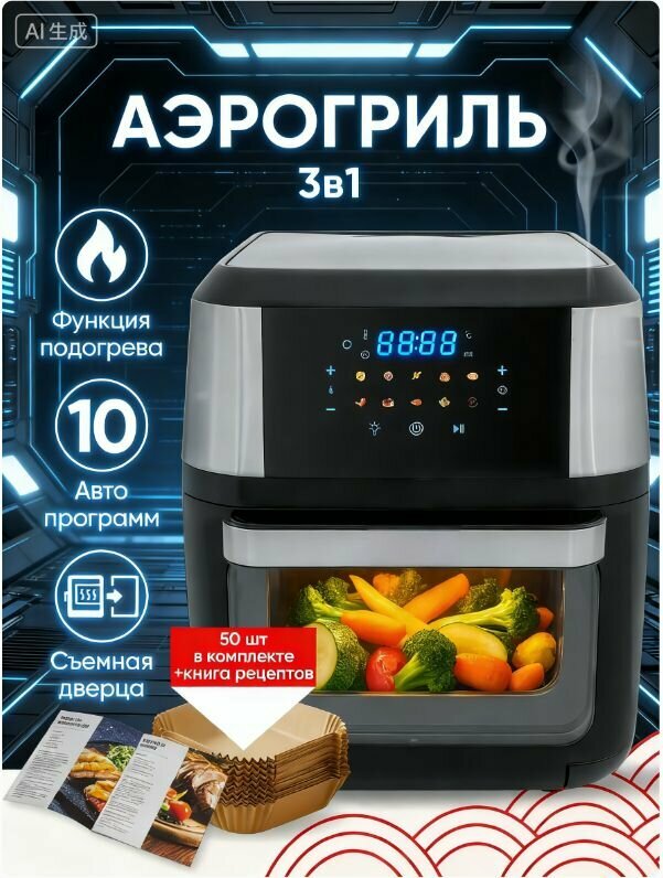 Аэрогриль 12 л с антипригарным покрытием, таймер на 90 минут, 10 программ, функции гриля, аэрофритюрницы, сушилки для фруктов и овощей, 1800 Вт, серебристый, черный матовый