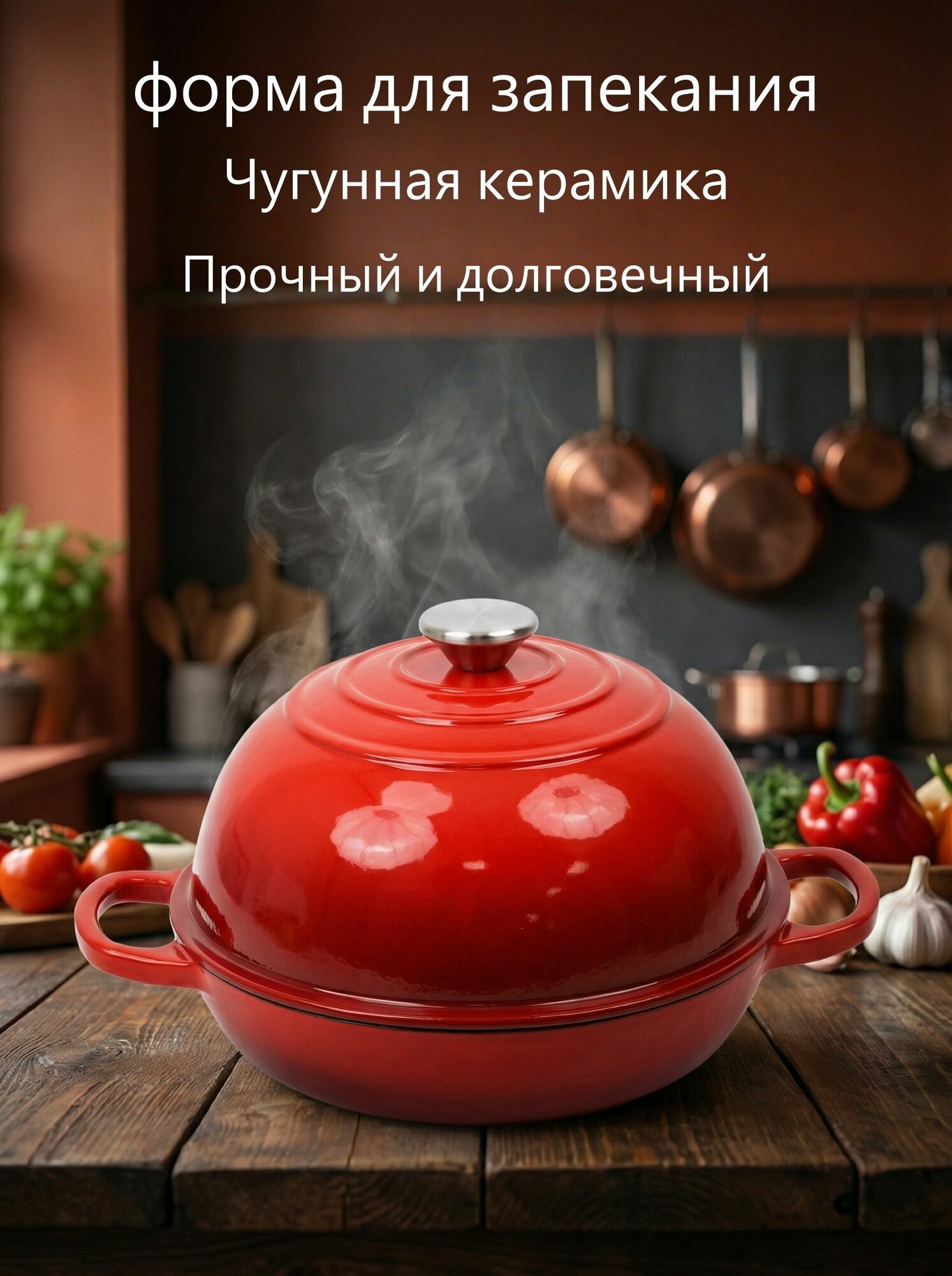 Круглая форма для выпечки 24 см из чугуна и керамики с крышкой