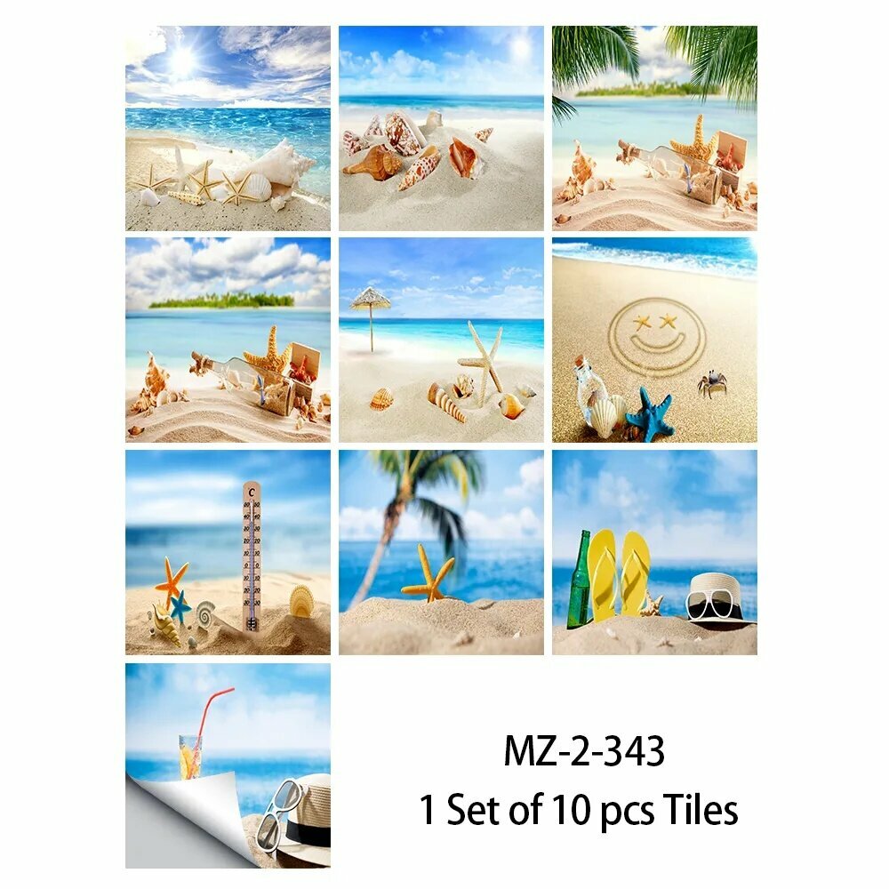 Самоклеящаяся декоративная плитка ПВХ водостойкая, наклейки на стену 10x10 см (10 шт) морской пляж с ракушками, для кухни, ванной, фартука