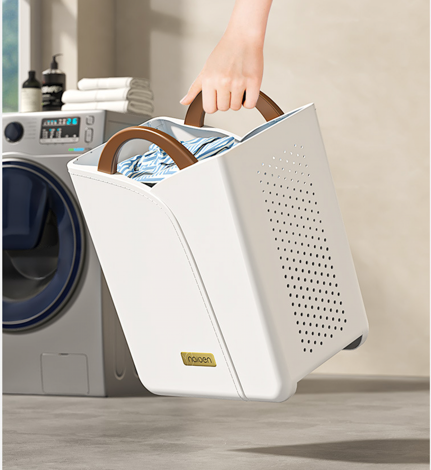 Корзина для белья MyPads напольная с ручками и перфорацией, белая, пластиковая