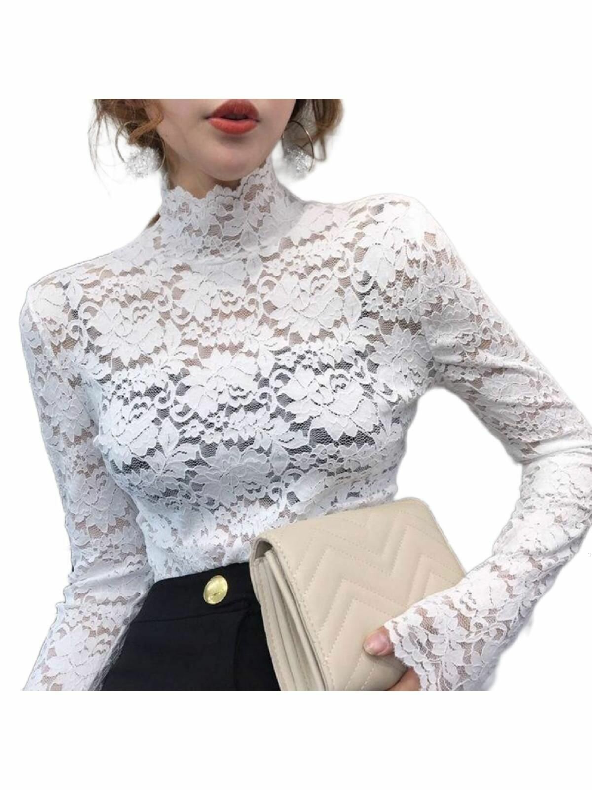 Женская прозрачная блузка из цветного кружева с длинным рукавом и высоким воротом, Белый - XXXL