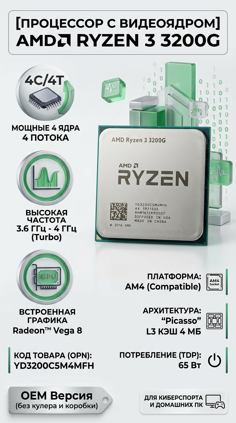 Процессор AMD Ryzen 3 3200G (APU AM4, Picasso, 4C/4T, 3.6/4GHz, 4MB, 65W, Radeon Vega 8), YD3200C5M4MFH, OEM