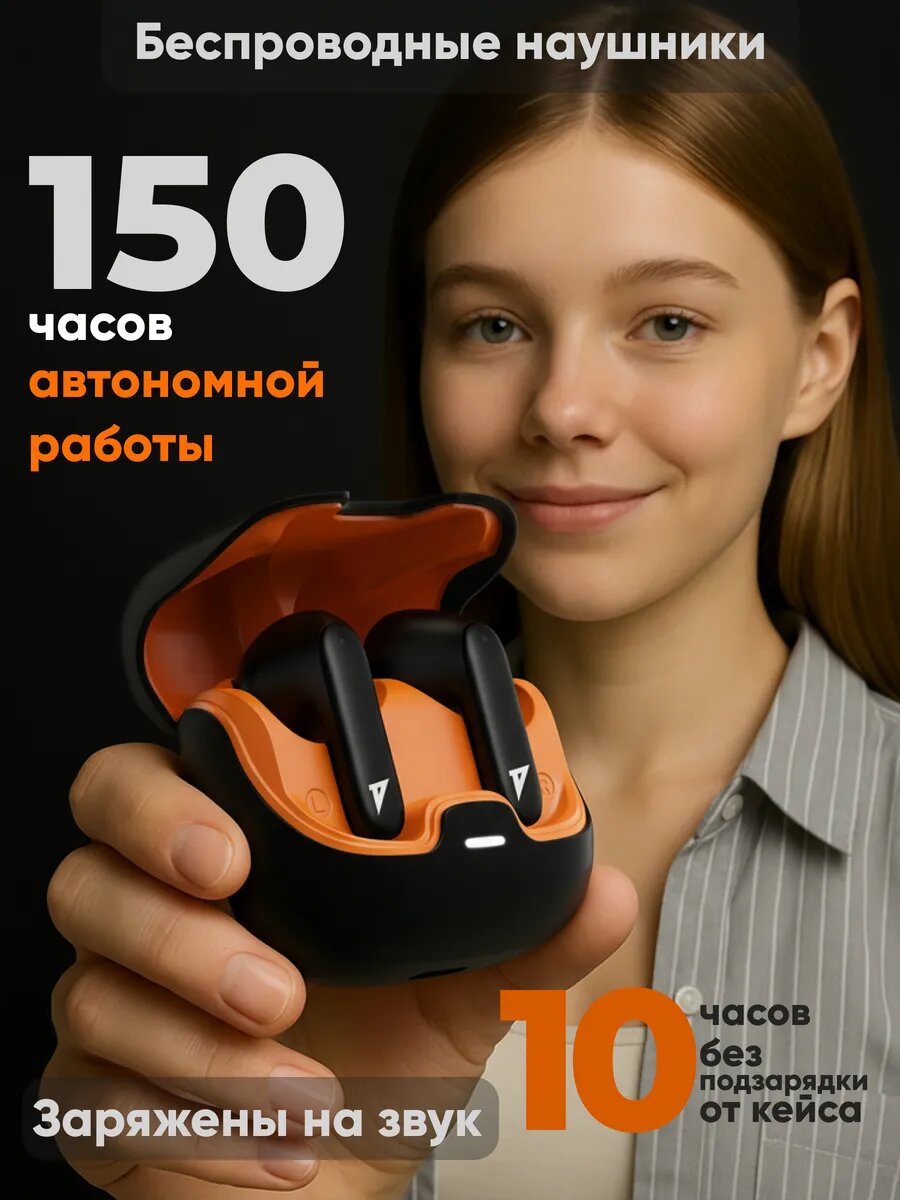 Наушники беспроводные TWS Bluetooth 5.3, до 150 часов работы, для Android iPhone, с микрофоном, черные