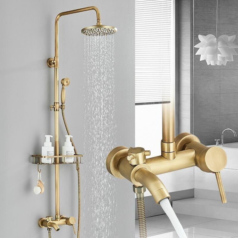 Латунный комплект для ванной комнаты в старинном стиле с полкой, латунным душем-распылителем и смесителем для ванны
