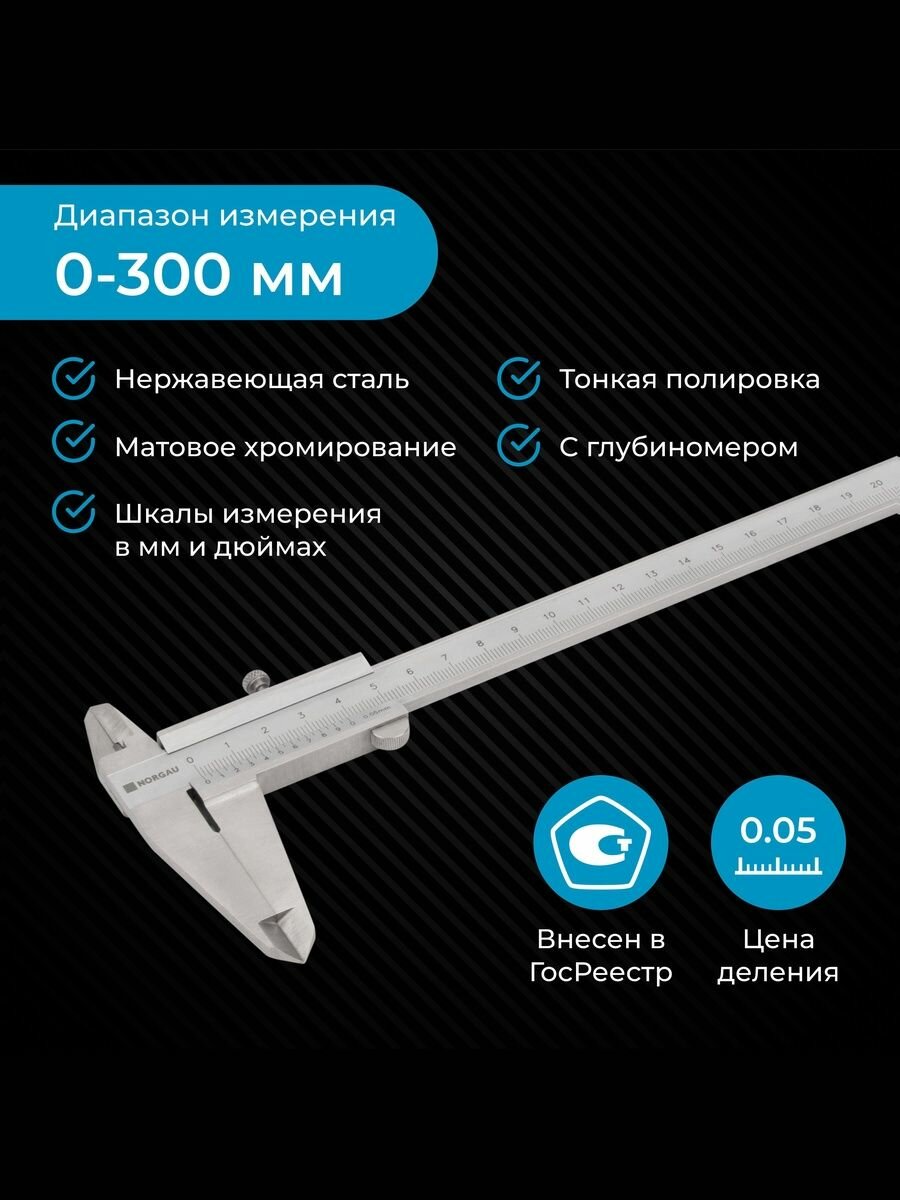 Штангенциркуль NORGAU Industrial 300 мм с глубиномером, нониусный, описание типа 91177-24, в Гос. реестре средств измерений