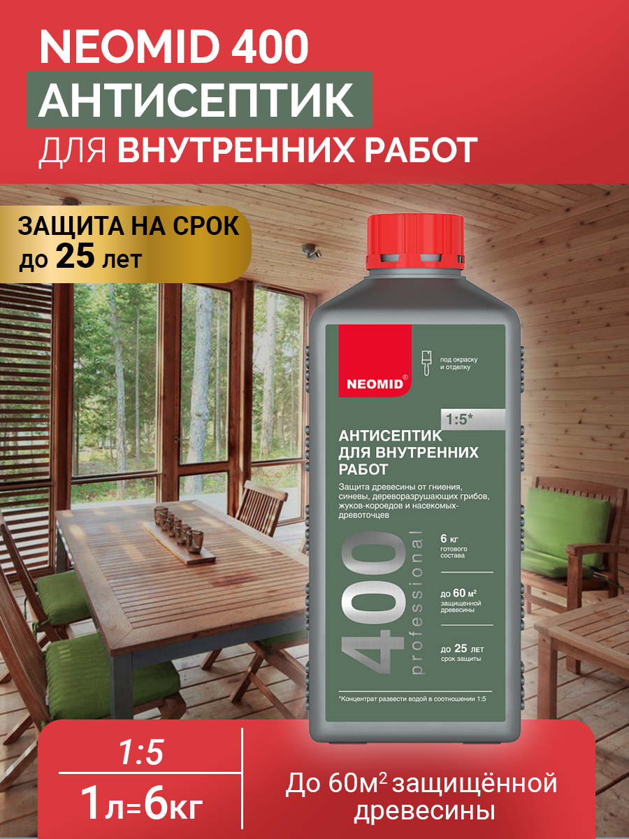 Антисептик для дерева Neomid 400 Деревозащитный антисептик для внутренних работ, антисептик концентрат, 1л