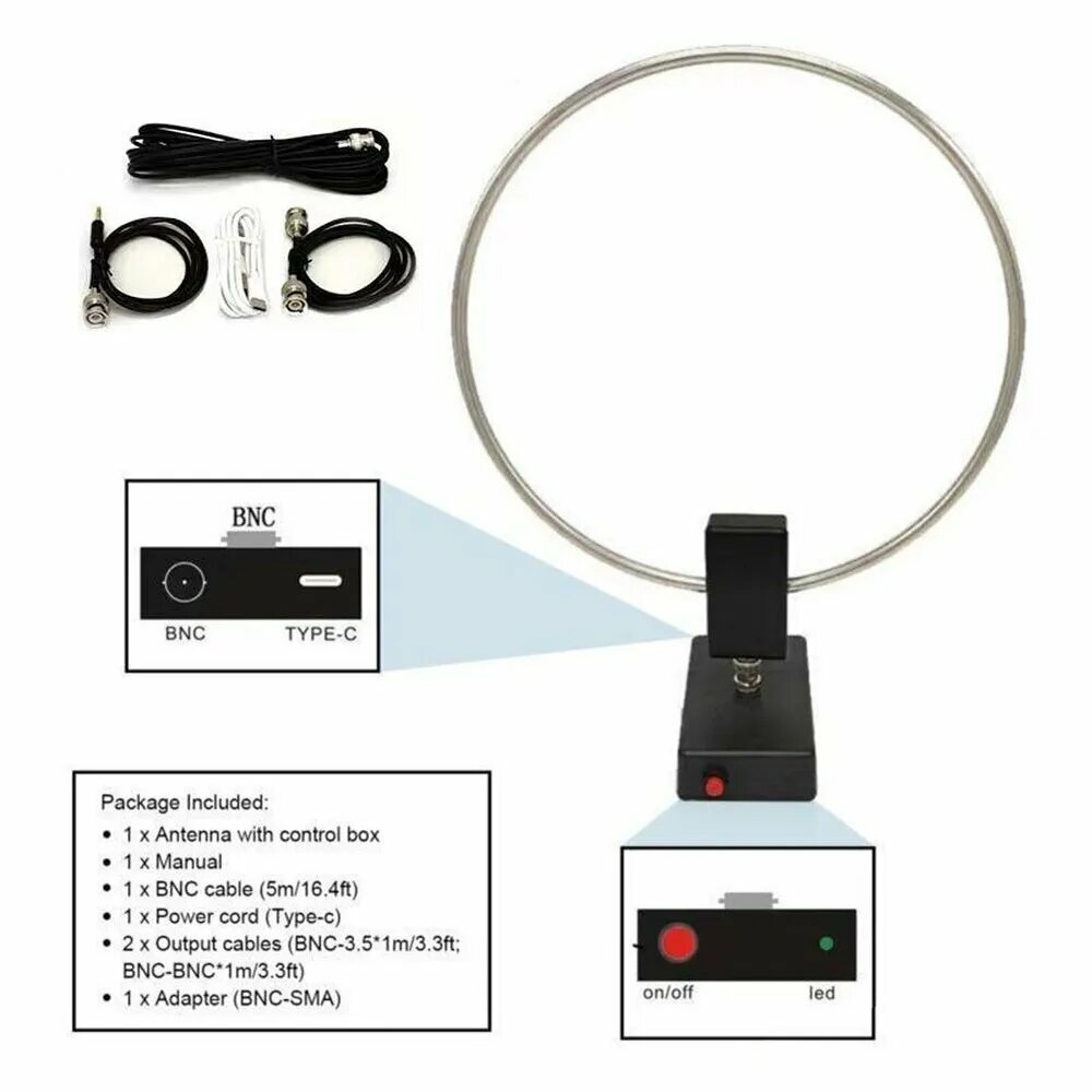 1 x Антенна с блоком управления1 x Руководство пользователя1 x Кабель BNC (5м/16.4футов)1 x Кабель питания (тип C)2 x Выходных кабеля (BNC-3.5*1м/3.3фута; BNC-BNC*1м/3.3фута)1 x Адаптер (BNC-SMA)