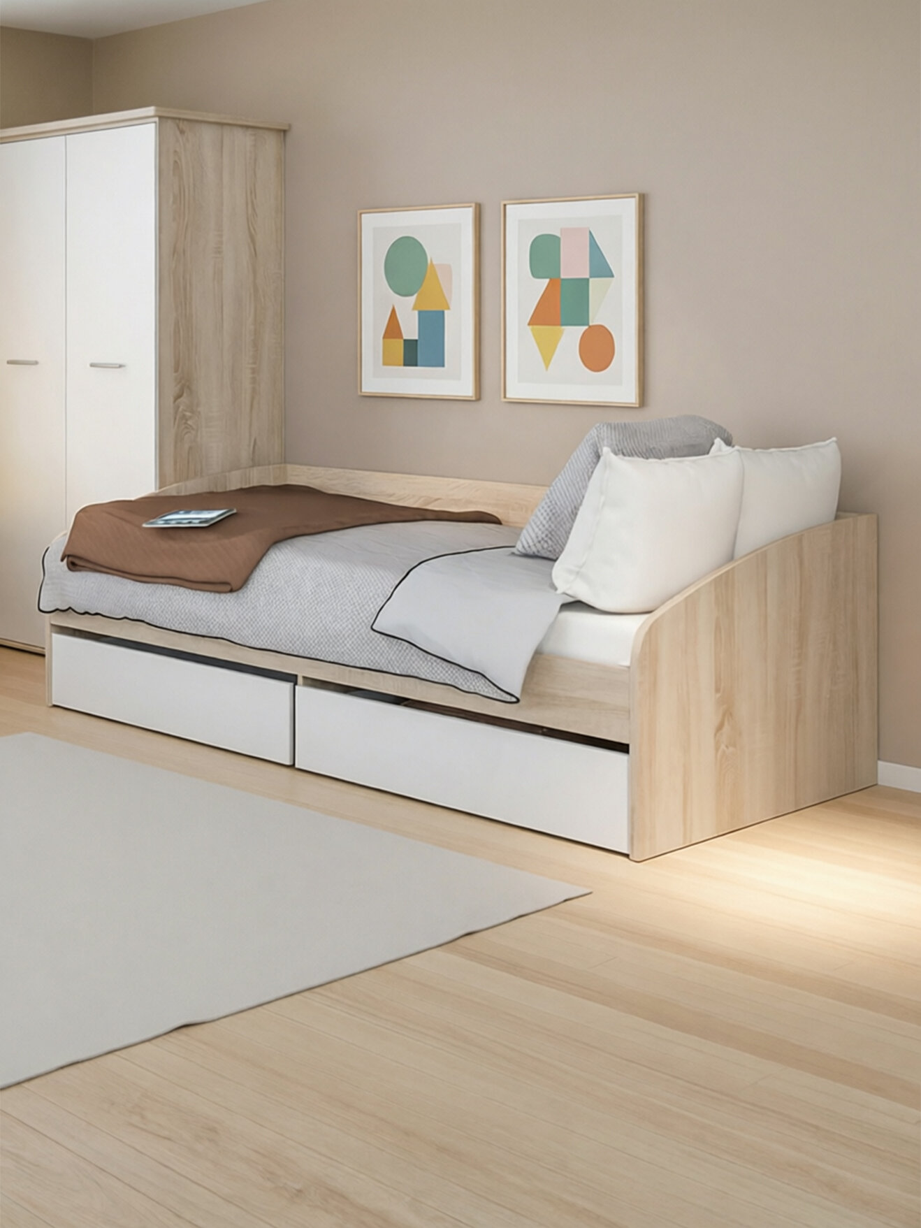 Подростковая, детская односпальная кровать столплит Мамбо СБ-2372. Н без матраса 90*200 см, с двумя ящиками для хранения, ДСП Дуб Сонома/Белый 205*64*95 см.