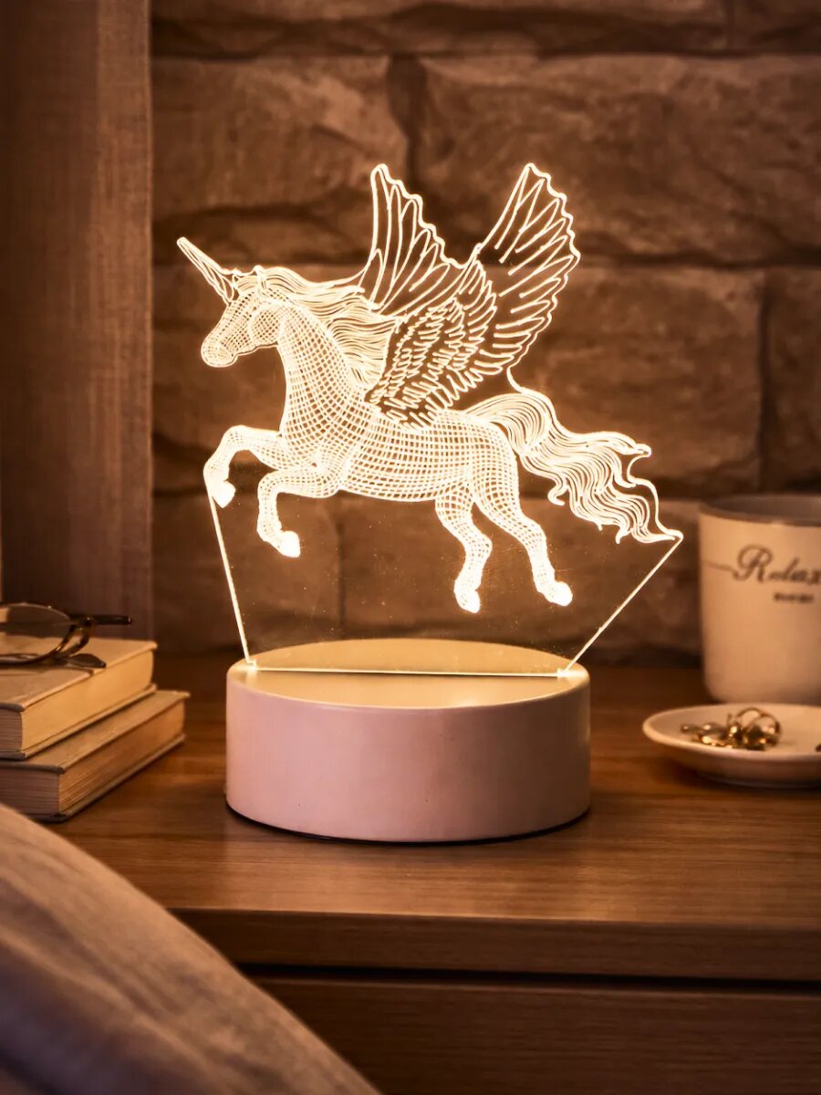 Настольный 3D светильник ночник декоративный пластиковый Единорог