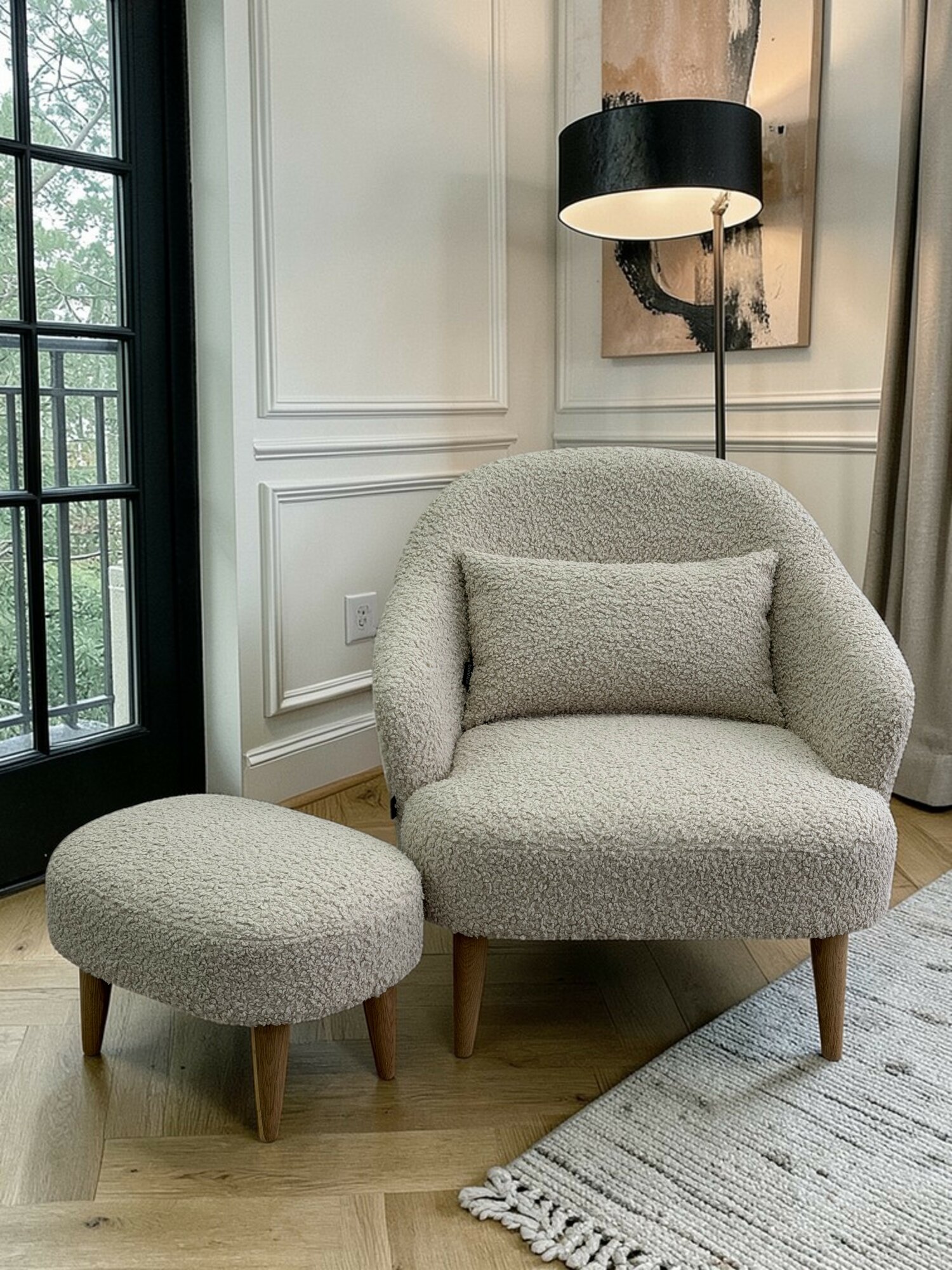 Кресло и пуф Унно для дома и отдыха, классическое кресло, бежевый барашек