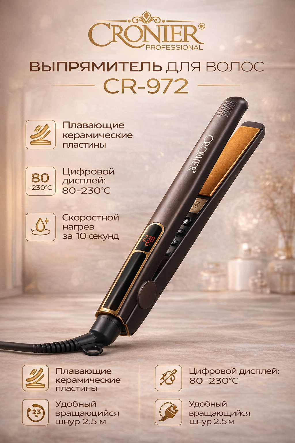 Выпрямитель для волос CR-972 с керамическими пластинами ElektroBit профессиональный уход