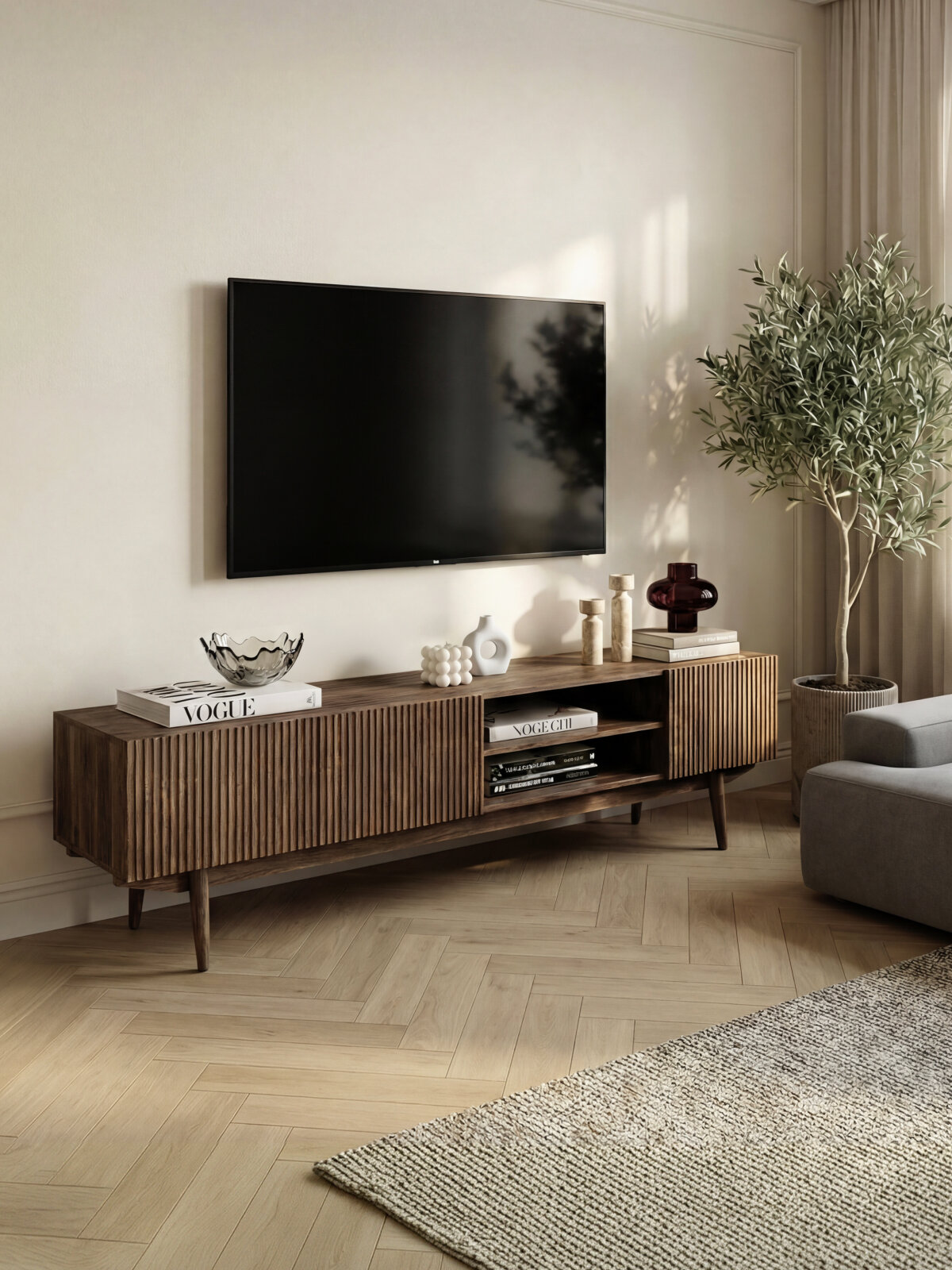 Тумба напольная под телевизор Стилика Фрея, тумбочка для тв на ножках, длина 184 см, коричневый