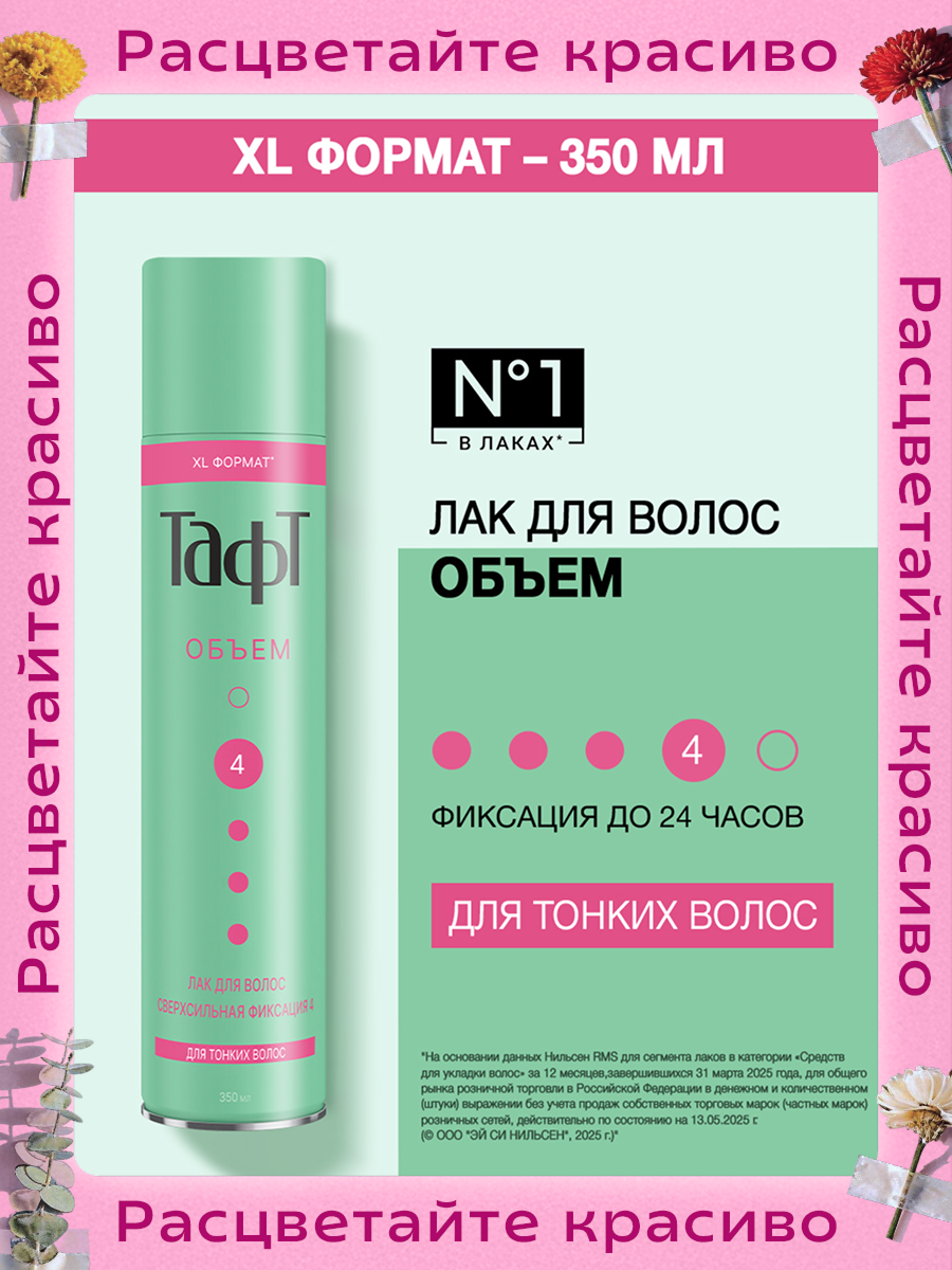 Тафт Лак для укладки волос Объём, для тонких волос, сверхсильная фиксация 4, 350 мл