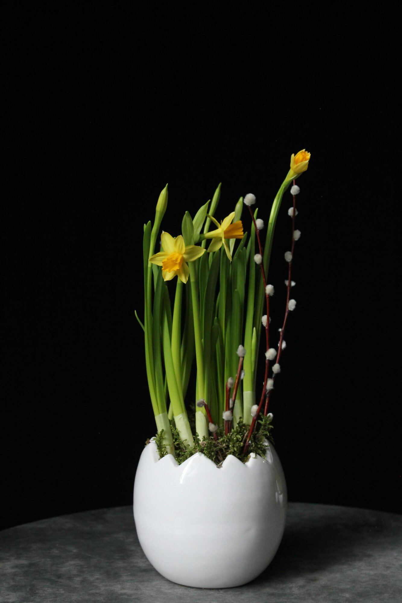 Пасхальная композиция луковичные нарциссы с вербой в керамическом яйце