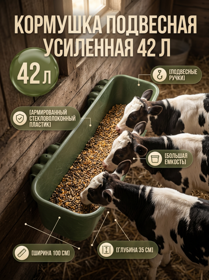 Кормушка подвесная длинная усиленная, армированный стекловолоконный пластик, 42 - 44 л, ширина 100 см, глубина 35 см, Китай