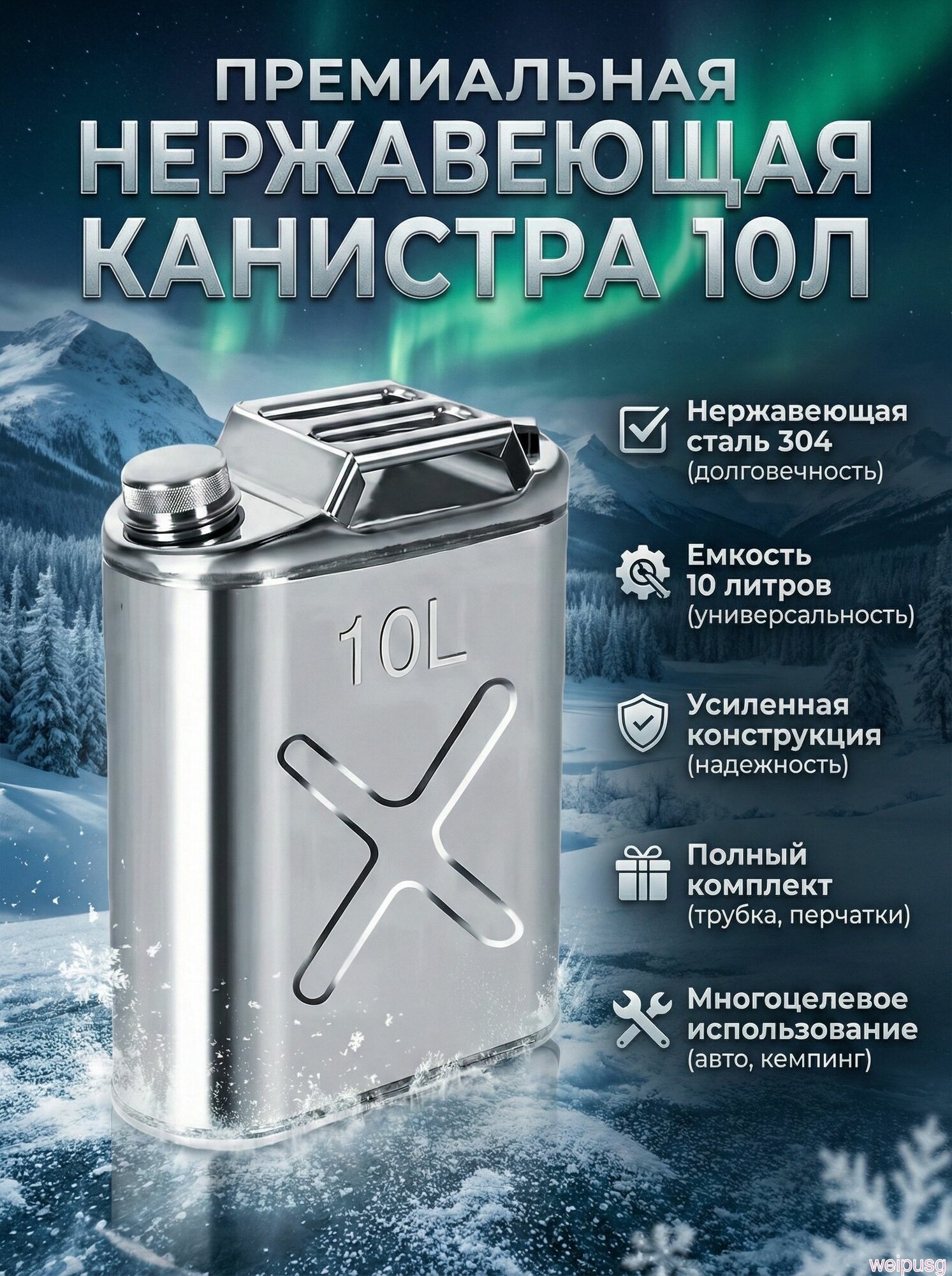 Канистра для ГСМ из нержавеющей стали 304, горизонтальная, 10л, оранжевая