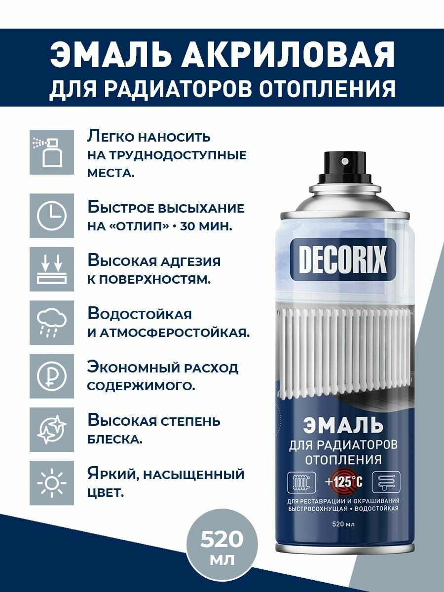 Аэрозольная краска для радиаторов отопления и батарей белая DECORIX 520 мл - термостойкая эмаль в баллончике высокопрочная, моющаяся, глянцевая - комплект 2 шт