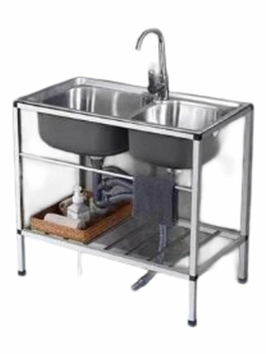 Кухонная мойка, двойная чаша из нержавеющей стали краном для горячей и холодной воды, Высота: 75см