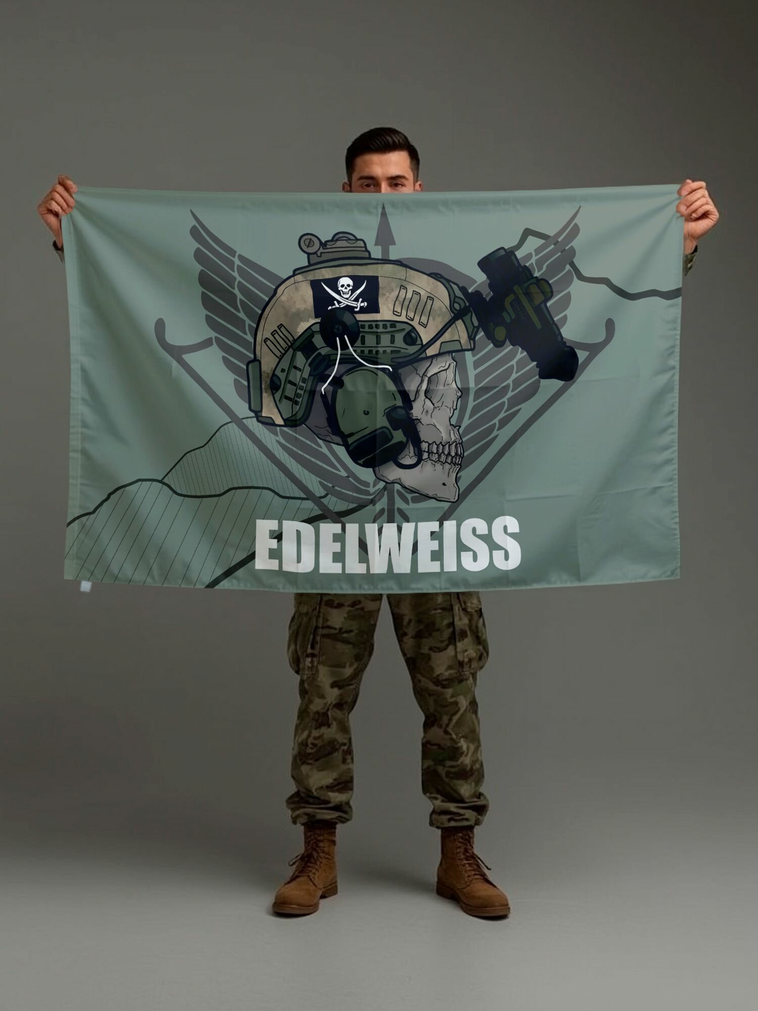 Флаг ССО Силы Специальных Операций EDELWEISS, 70х105 см на шёлке для ручного древка