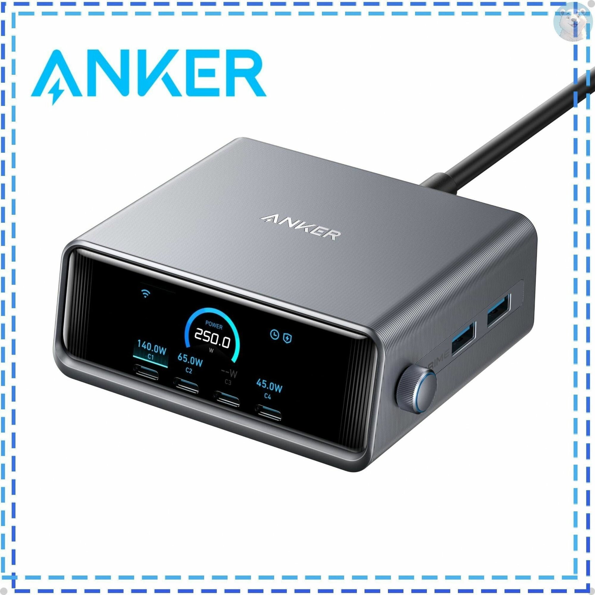 Зарядное устройство Anker Prime, зарядная станция 250W GaN Prime USB C, сверхскоростной 6 - порт, 2,26 - дюймовый жидкокристаллический дисплей и интеллектуальный контрольный диск, A2345