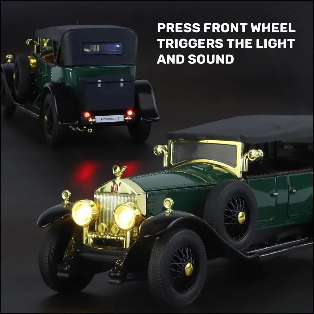 Rolls-Royce Phantom I 1/24 Масштаб Зеленый Цвет со звуком и светом Металлический корпус Открывающиеся двери