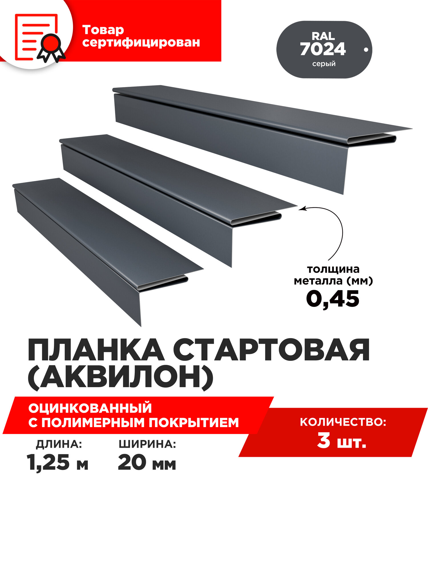 Стартовая планка откоса(Аквилон) Цвет Серый RAL 7024. Длина 1.25. 3 штуки в комплекте