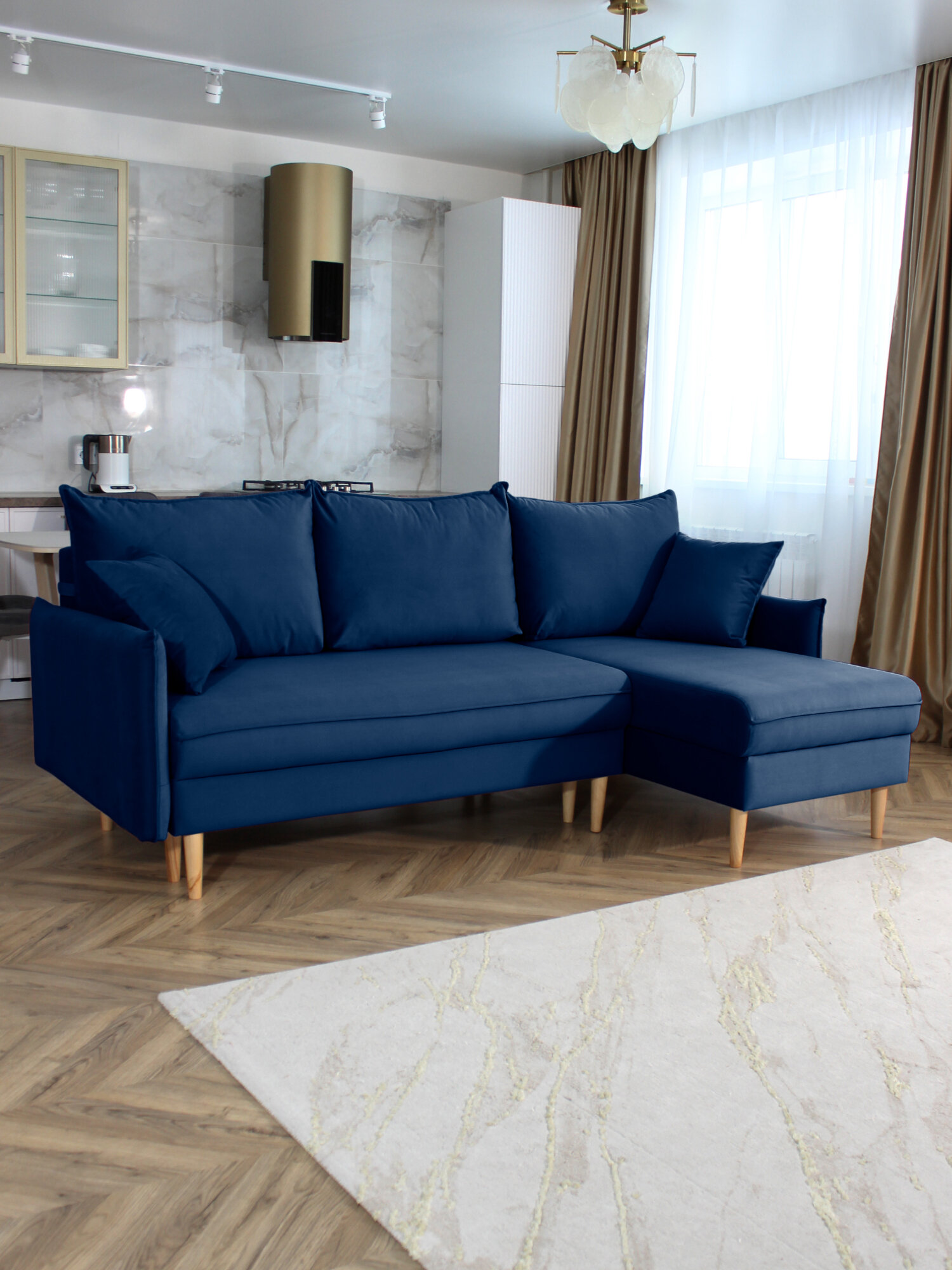 Диван-кровать угловой Фьорд с оттоманкой синий, правый угол, механизм Тик-так, 216х145х95 см