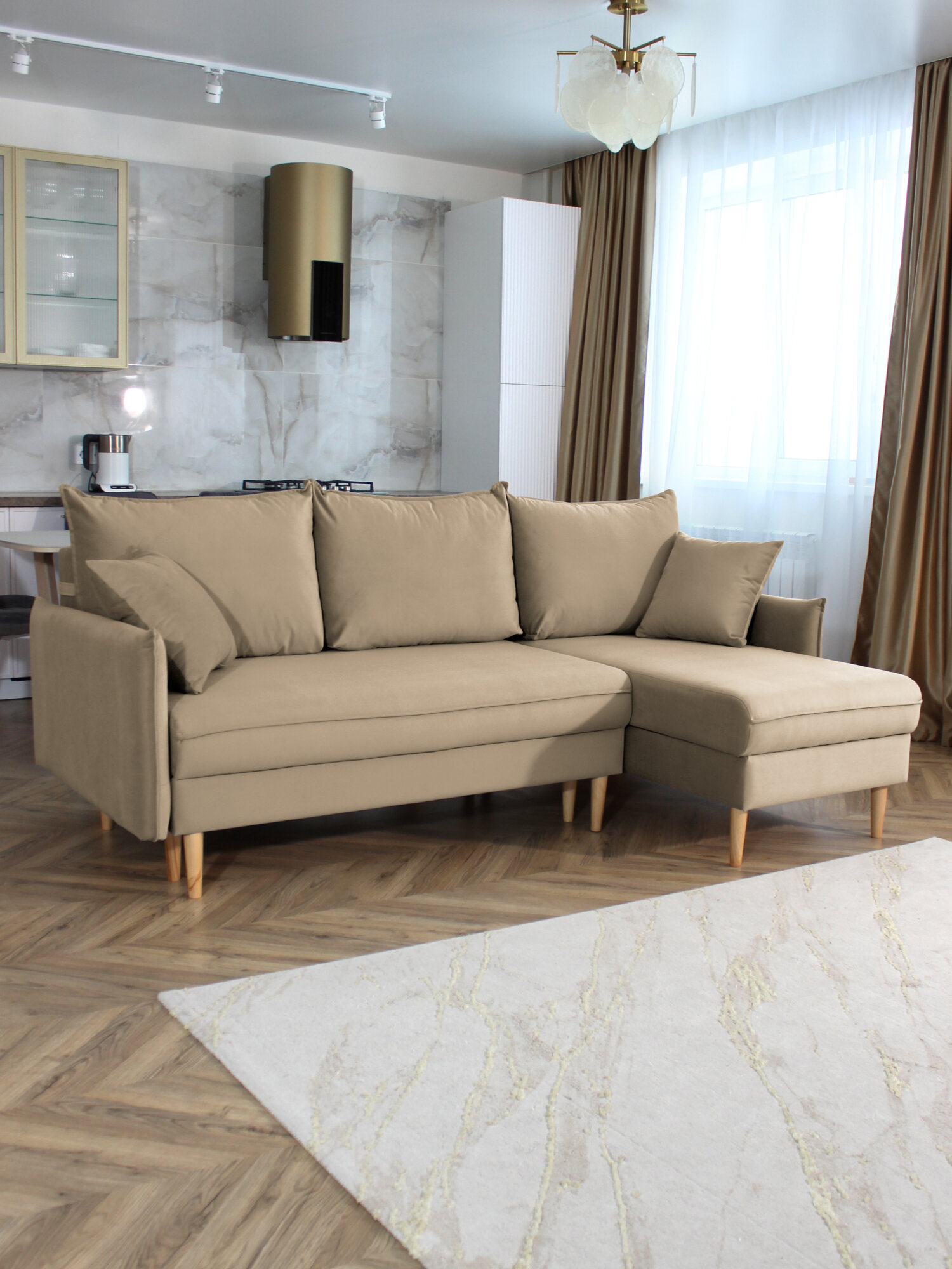 Диван-кровать угловой Фьорд с оттоманкой бежевый, правый угол, механизм Тик-так, 216х145х95 см