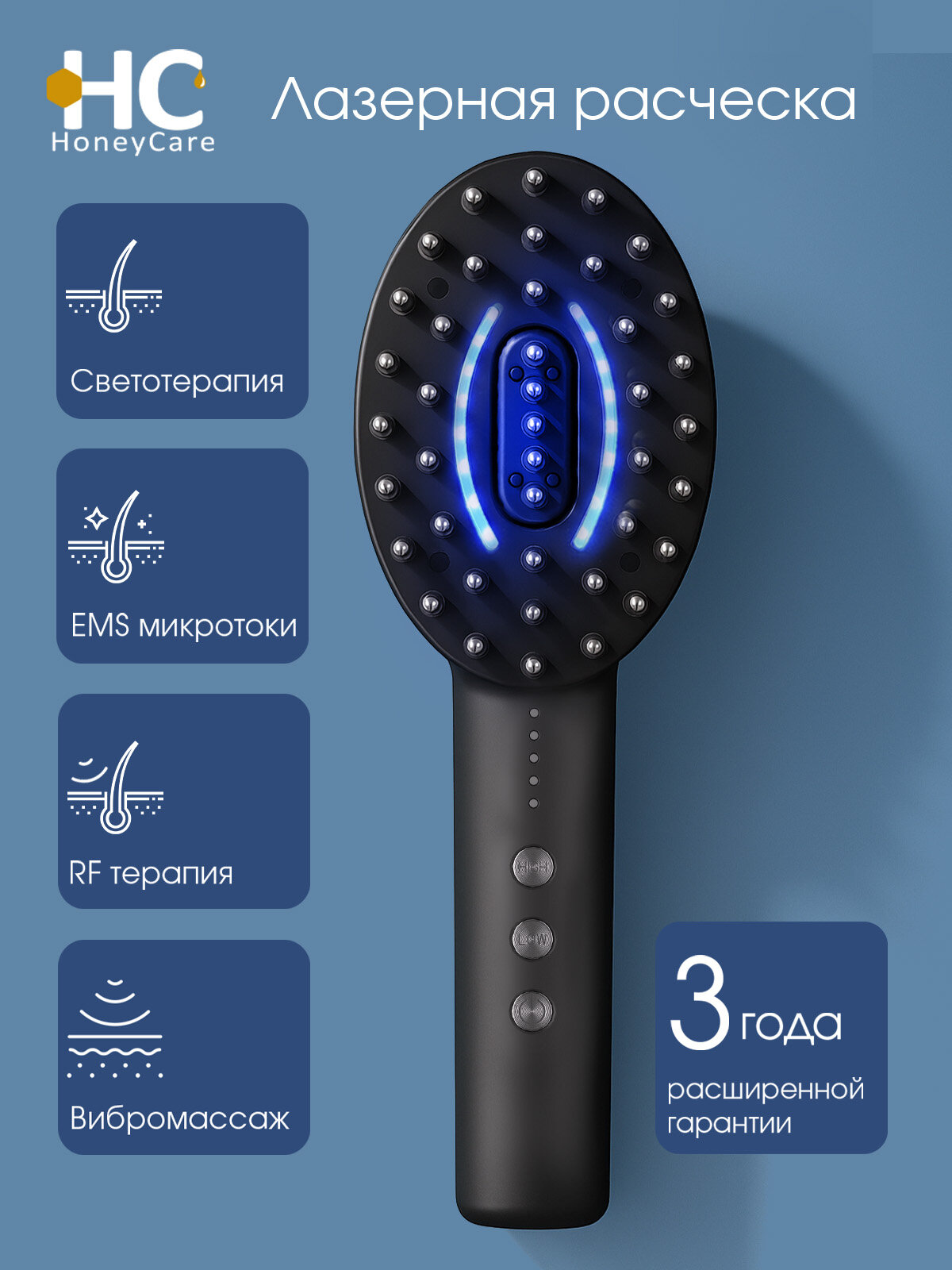 Расческа-массажер лазерная инфракрасная от выпадения волос HoneуCare Black, расческа для кожи головы, микротоковая
