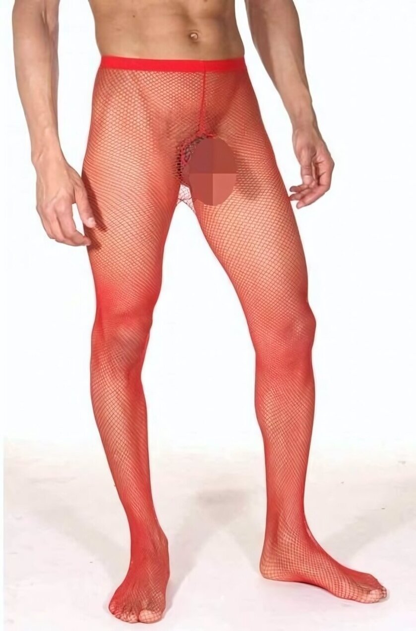 Мужские колготки в сеточку с интимным доступом, размер S-M, красный, 85% полиэстер, 15% эластан