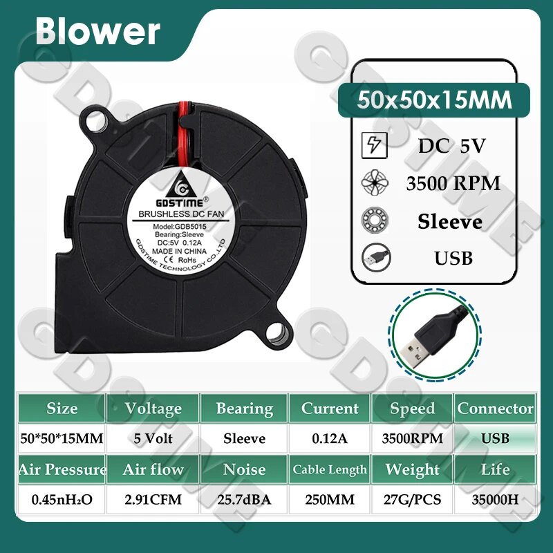 Gdstime 5015 вентилятор 5V Sleeve USB 2шт