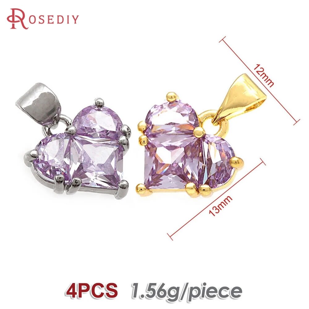 Подвески сердце Rosediy, латунь, циркон, 18K золото, 13x12MM, 4шт