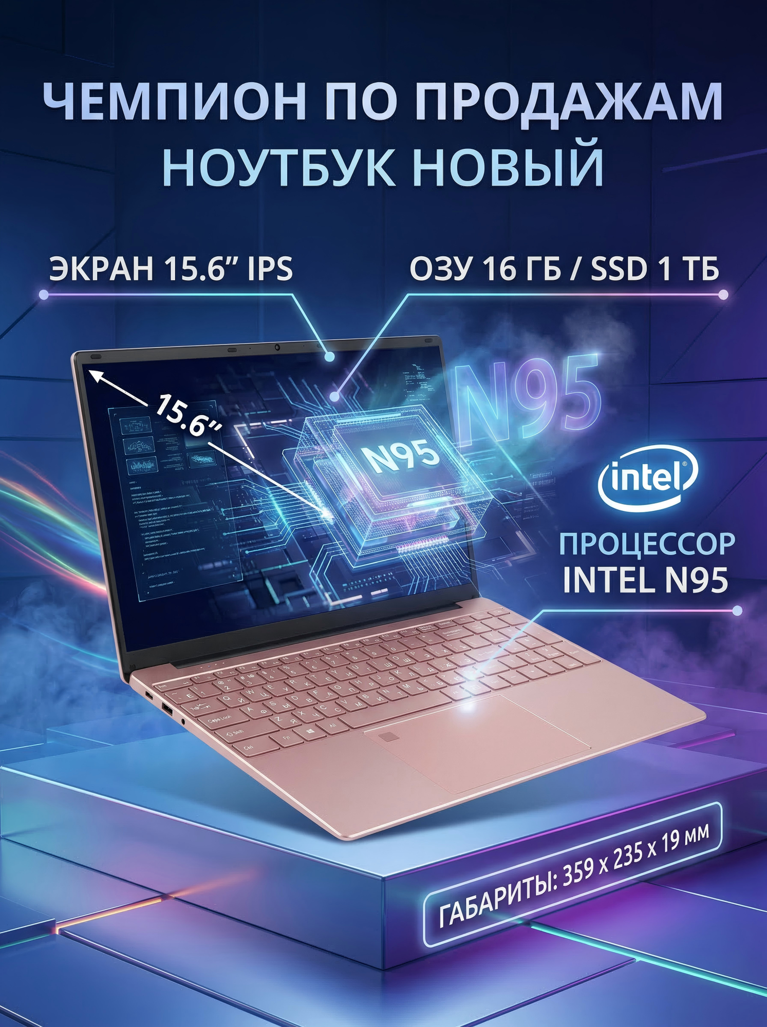 15.6" Ноутбук для работы и учебы, , RAM 16 ГБ, SSD 1ТБ, Intel N95, цвет Розовое золото, русская раскладка