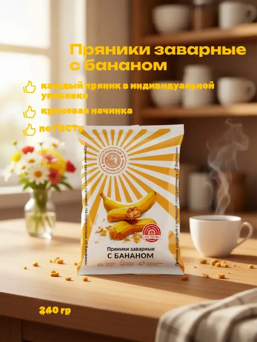 Пряники заварные, с бананом, с глазурью и кремовой начинкой, флоу-пак, 240 г