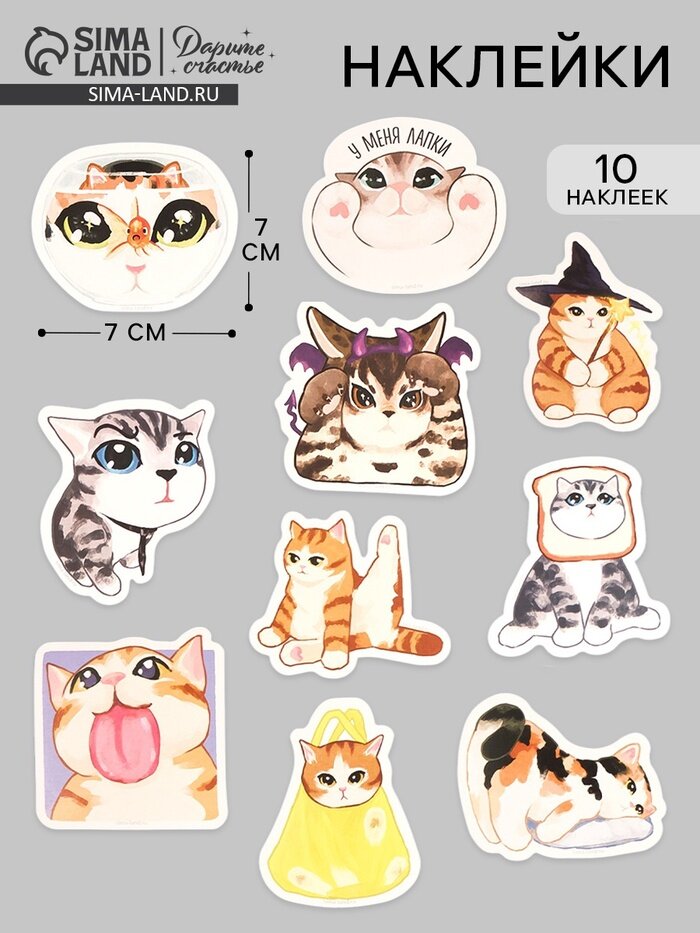 Стикеры Котики, набор 10 шт, 7×7 см, 5 шт.
