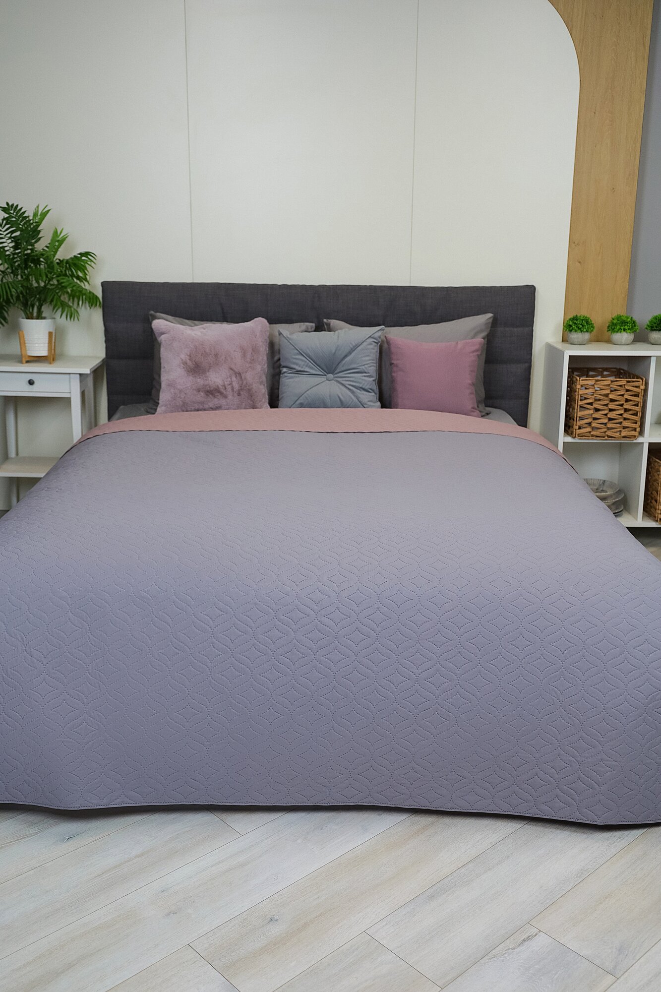 Покрывало двустороннее ультрастеп 220х240 венецианская решетка, пыльная роза/сиреневый сок