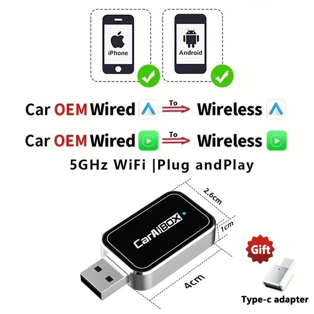 Проводной адаптер CarAiBOX RGB Mini для подключения к беспроводным сетям CarPlay и Android Auto работает по принципу «подключи и работай» и совместим со встроенной проводной системой CarPlay или Android Auto вашего автомобиля.