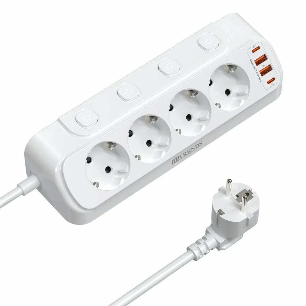HITRENDS - Удлинитель с 4 евророзетками и креплением, 2 USB и 2 Type-C, 250V 16A, 4000W, пружинный кабель 2м, быстрая зарядка, защита от перегрузки, огнестойкий