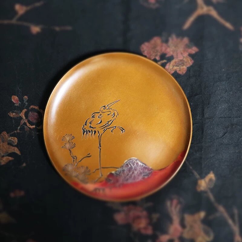 Ручная вырезка из чистой меди чайная подставка с журавлем, круглая термостойкая подставка для чайной церемонии, одна