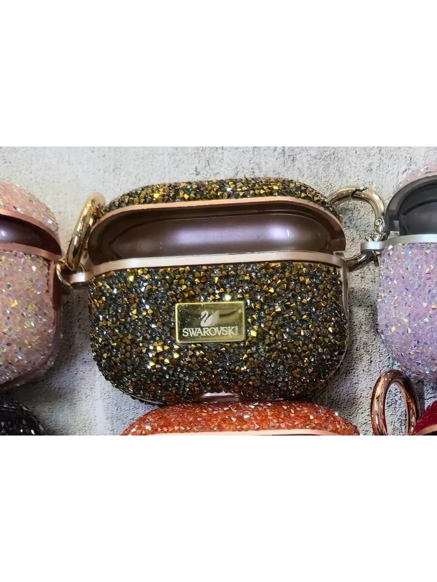 Чехол со стразами Swarovski на AirPods Pro 3, противоударный, цвет золотистый