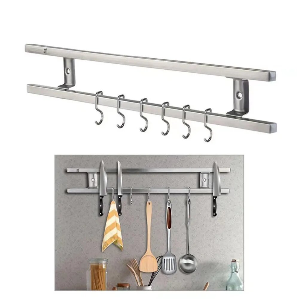 Держатель кухонный, 45 см х 2 см из нержавеющей стали с крючками для ножей